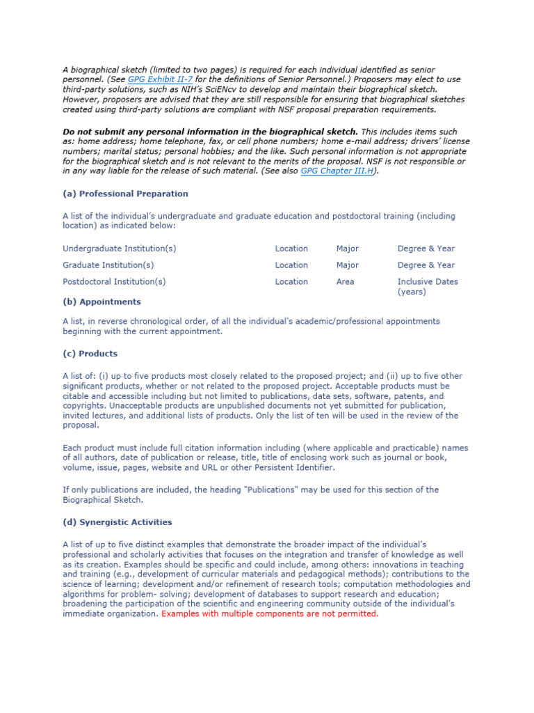 Orsp NSF Biosketch Instructions | PDF