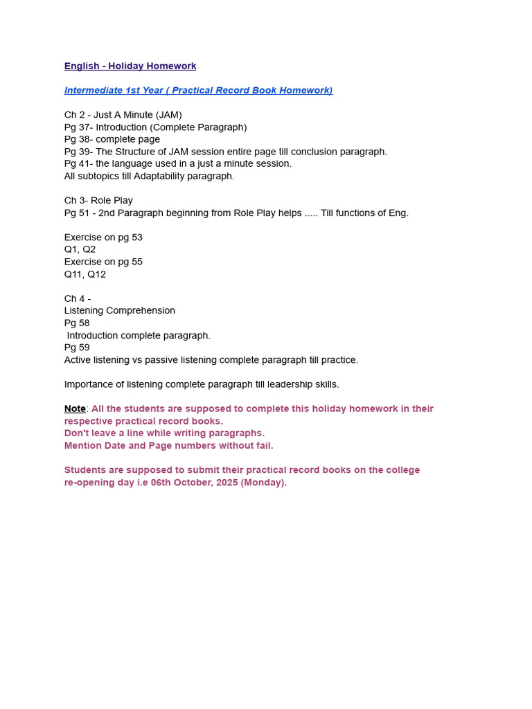 English - Holiday Homework 1st Year | PDF