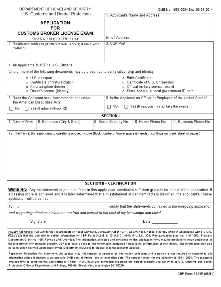 Application FOR Customs Broker License Exam: U.S. Customs and Border ...