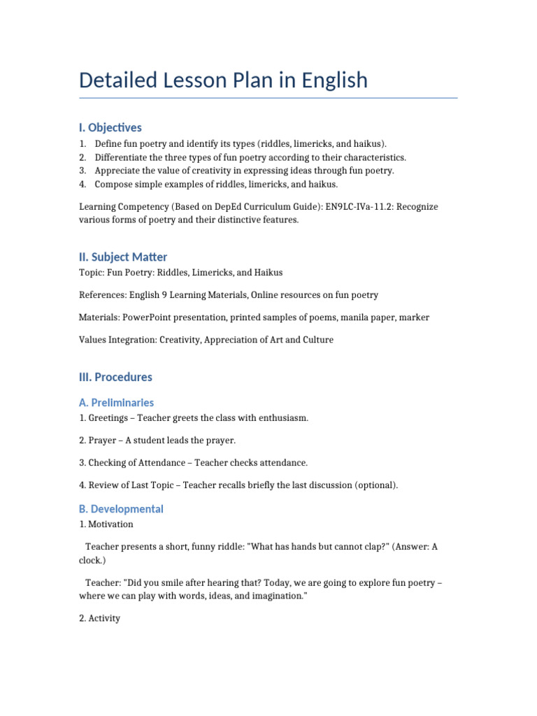 Fun Poetry Lesson Plan for English | PDF | Poetry | Lesson Plan