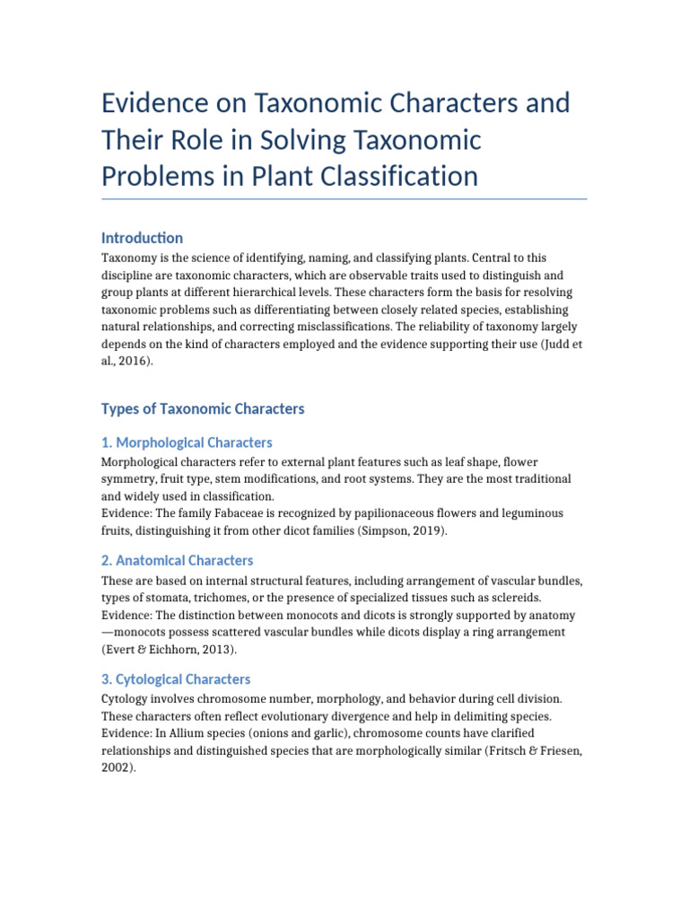 Taxonomic Characters in Plant Classification | PDF | Species ...