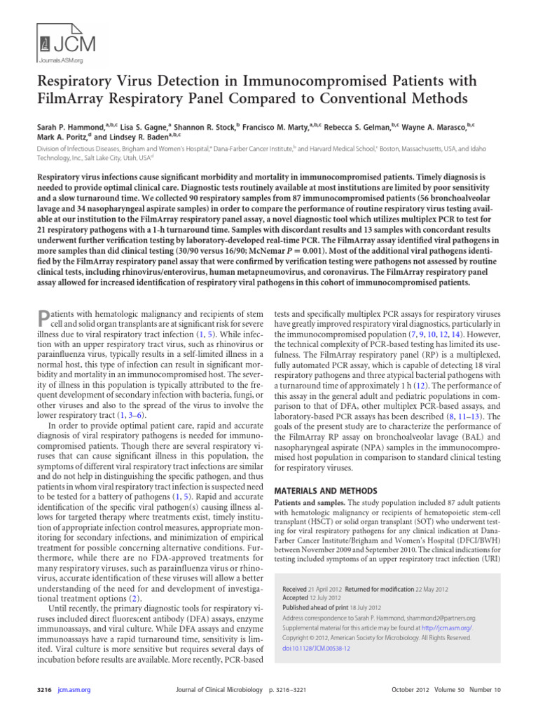 Hammond Et Al 2012 Respiratory Virus Detection in Immunocompromised ...