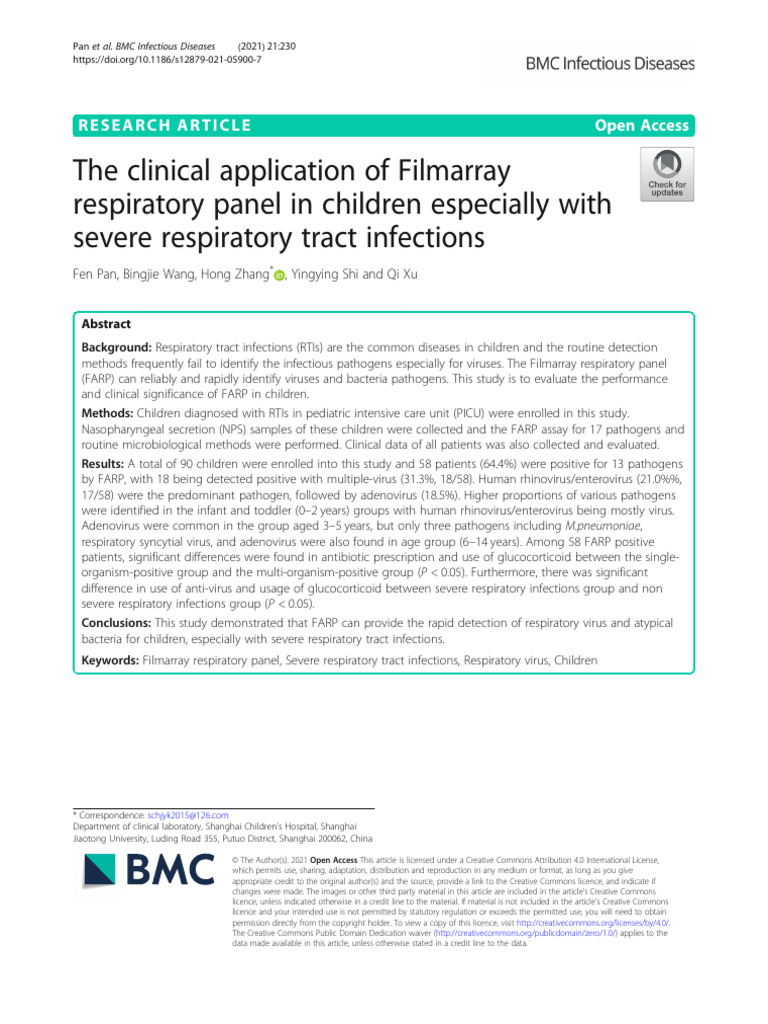The Clinical Application of Filmarray Respiratory Panel in 1yf2whtaoa ...