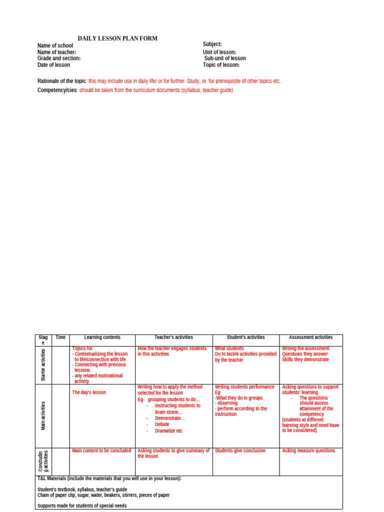 Muler Sample Daily Lesson Plan in English Form 2017 | PDF | Teachers ...
