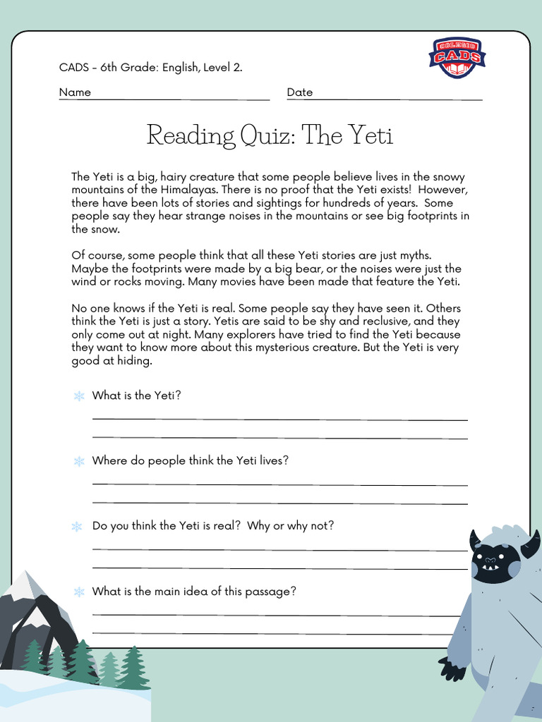 The Yeti Reading Comprehension Worksheet in A Blue Greyscale Simple ...