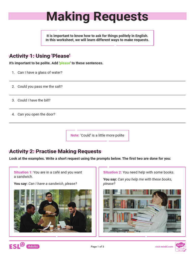 T e 1724748474 Esl Making Requests Worksheet Adults A1 - Ver - 1 | PDF ...