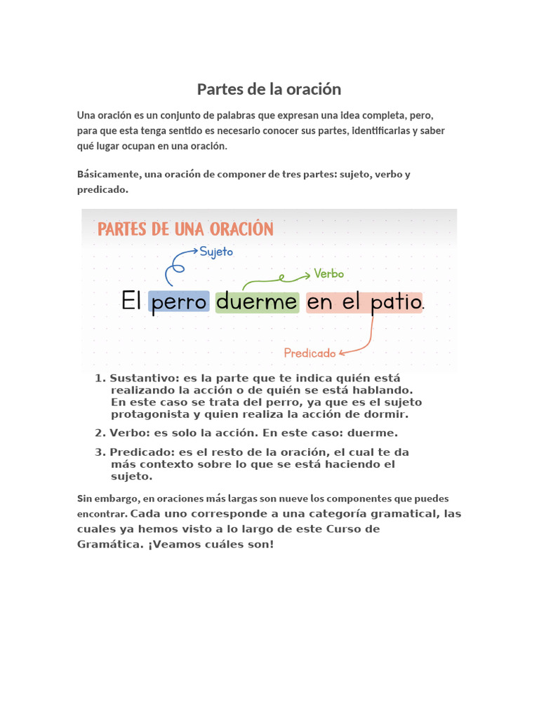 Partes de La Oración | PDF | Oración (Lingüística) | Asunto (gramática)
