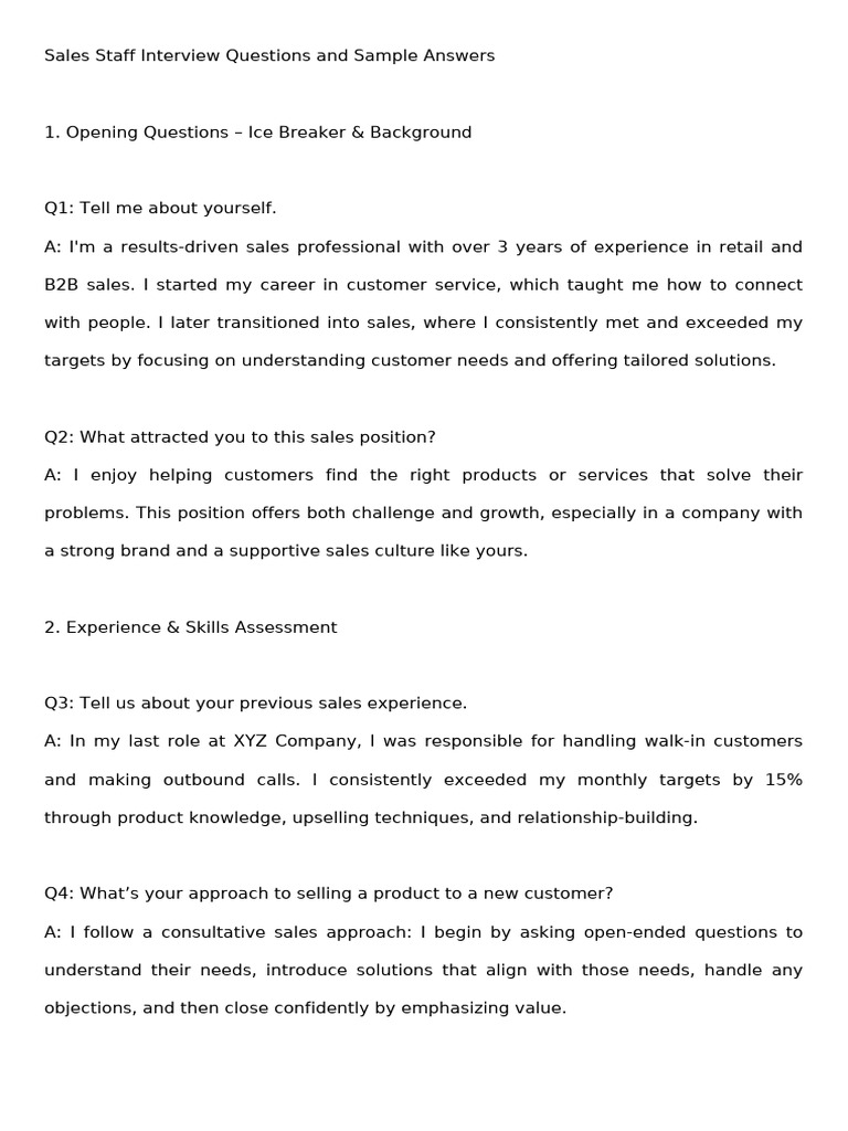 Sales Staff Interview Questions and Answers | PDF | Sales ...