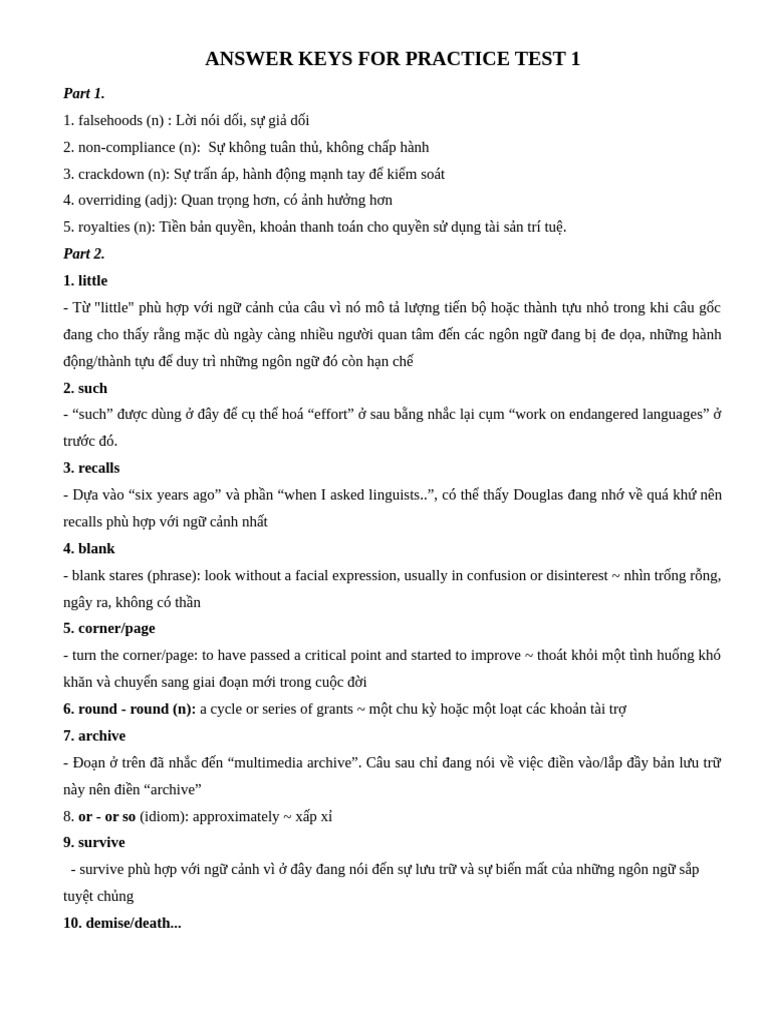 Answer Keys For Practice Test 1 | PDF