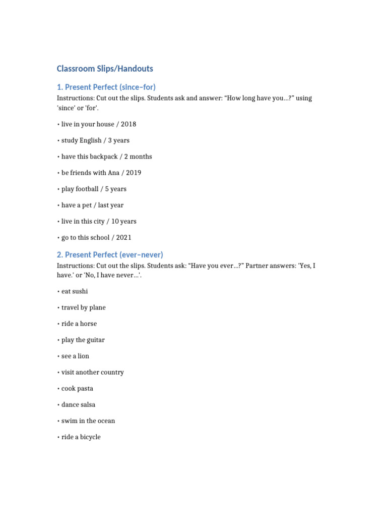 Classroom Slips for English Practice | PDF