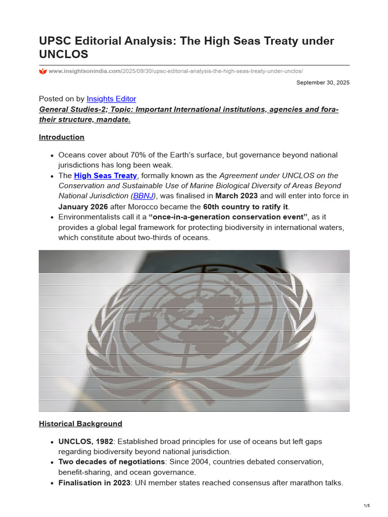 UPSC Editorial Analysis - The High Seas Treaty Under UNCLOS | PDF ...