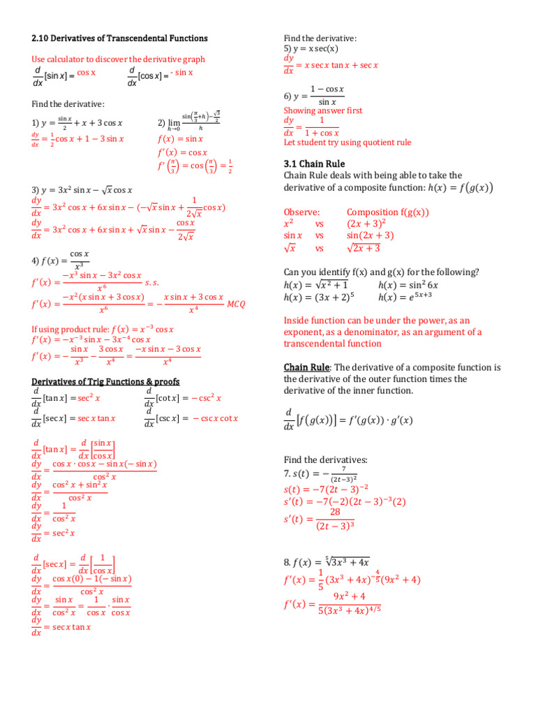 Day 3 2.10 and 3.1 Advanced Derivatives and The Chain Rule Key | PDF ...