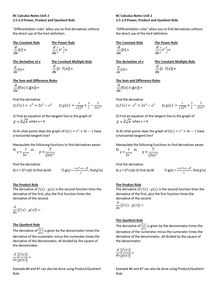 BC Calculus Unit 2: Derivative Rules | PDF | Derivative | Tangent