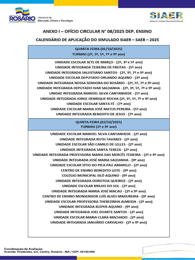 Calendário Simulado SIAER 2025 | PDF