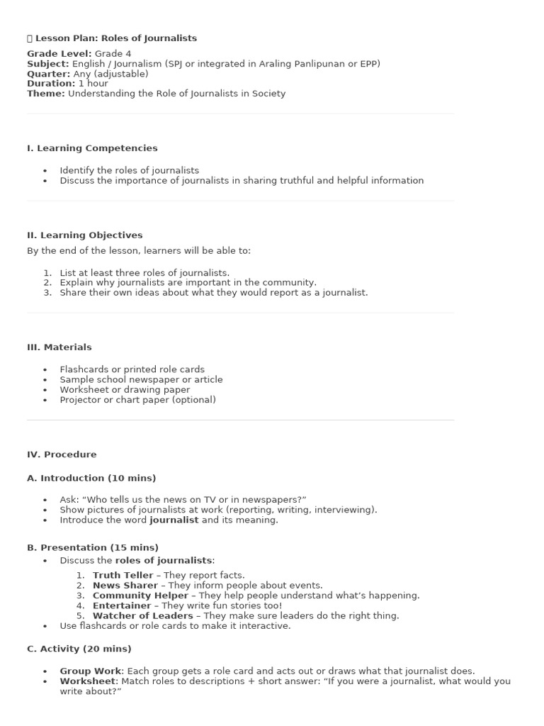 Journalism Lesson Plan Q1W2 | PDF