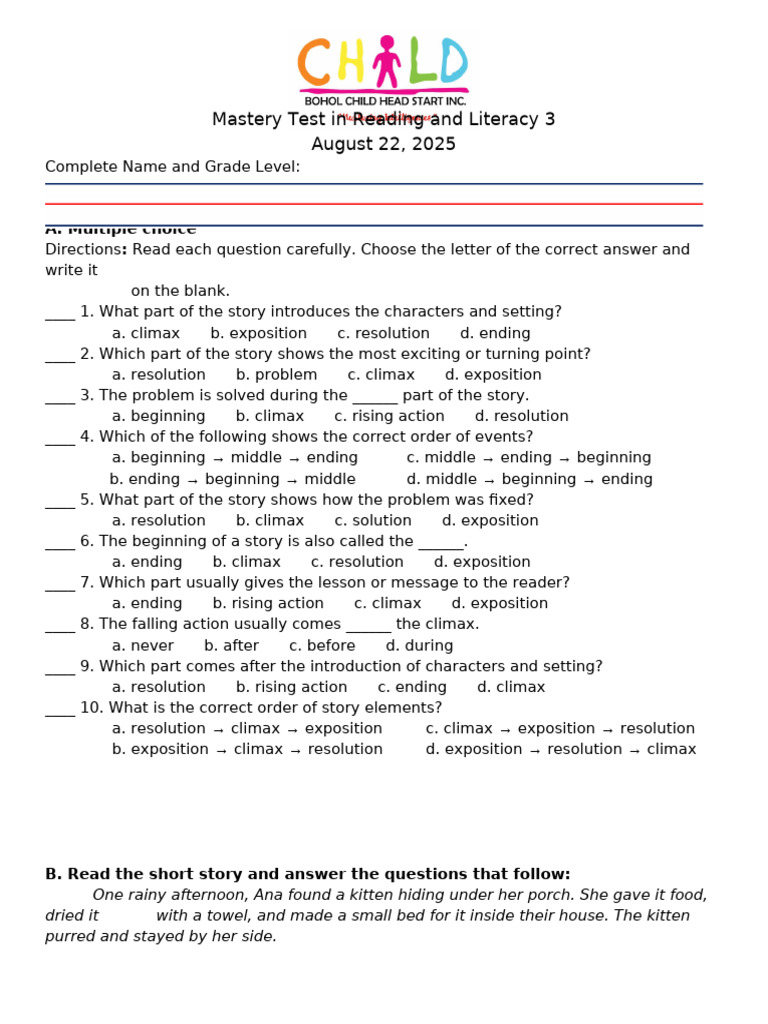 Mastery Test in Reading and Literacy 3 | PDF | Punctuation | Orthography