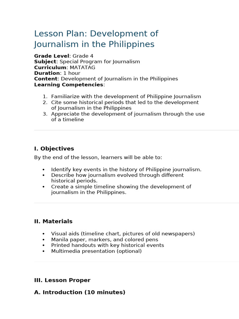 Philippine Journalism Development Lesson | PDF | Journalism | Lesson Plan