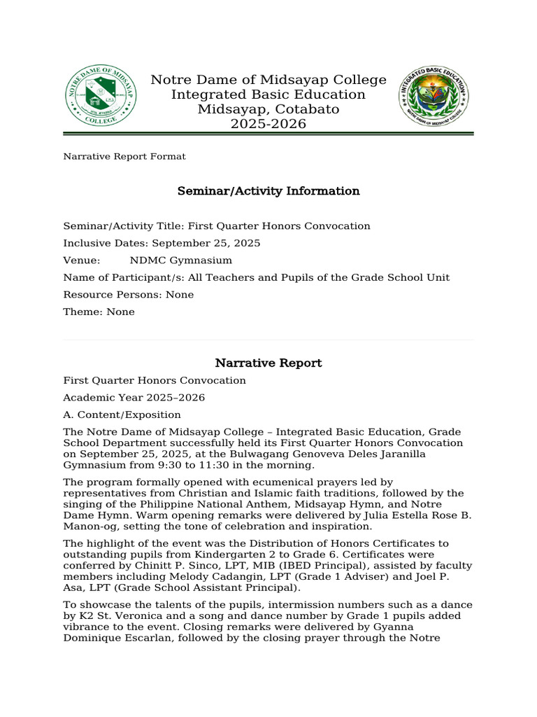 Narrative Report - First Honors Convocation 2025 2026 | PDF