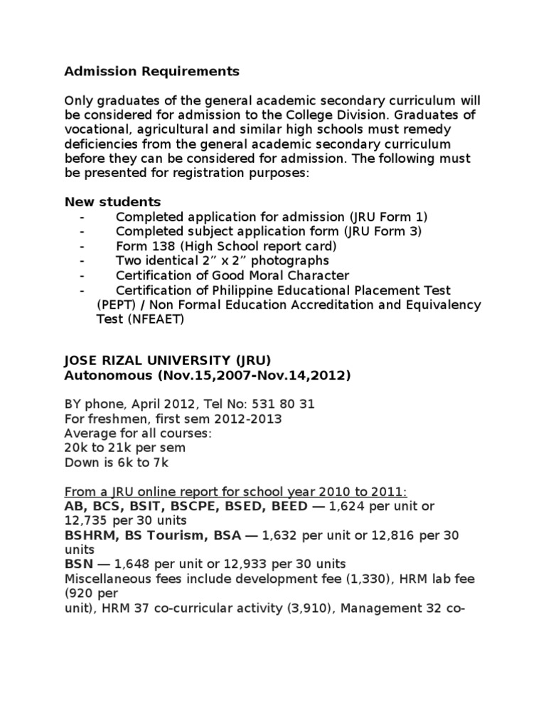 JRU Admission Requirements and Courses | PDF | Bachelor's Degree ...
