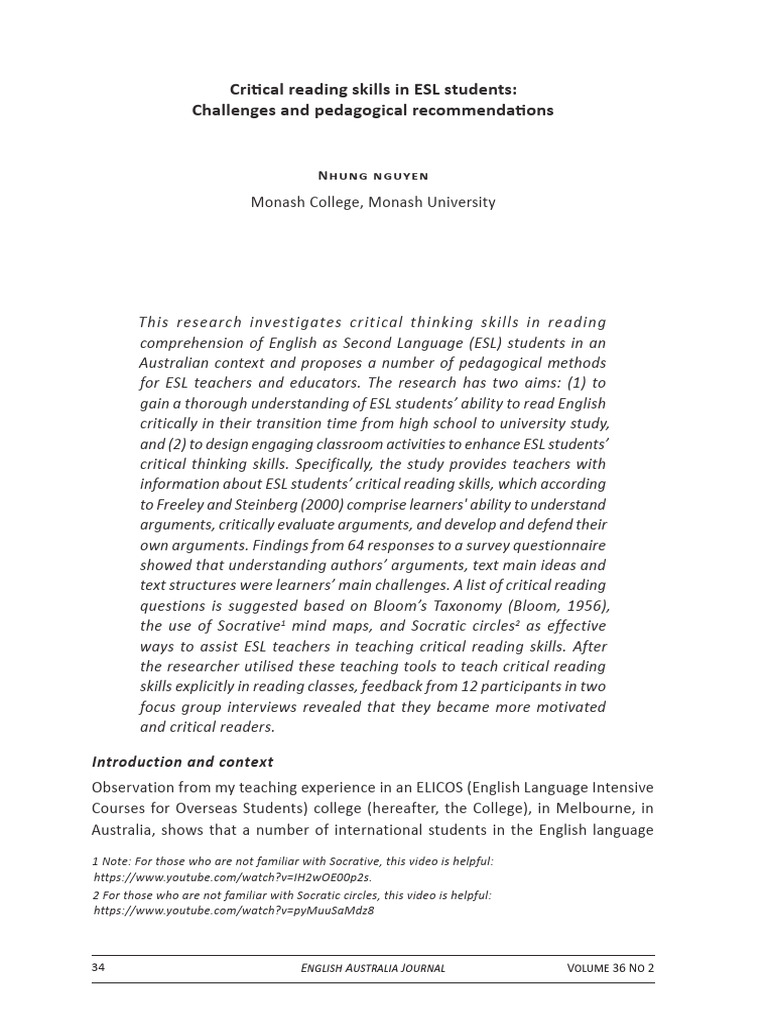 Enhancing ESL Critical Reading Skills | PDF | Critical Thinking ...