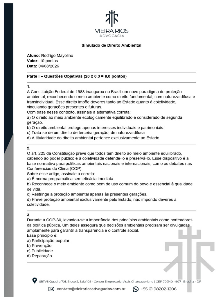 Simulado D. Ambiental P1 | PDF | Direito Ambiental | Propriedade privada