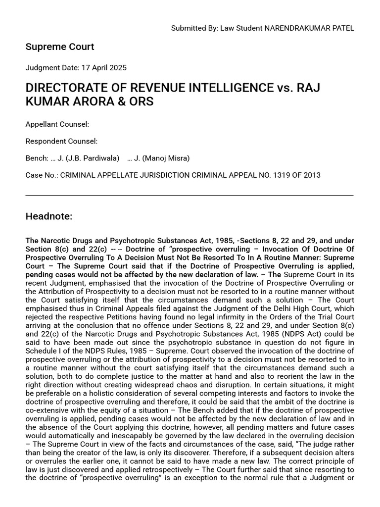 DIRECTORATE OF REVENUE INTELLIGENCE Vs RAJ KUMAR ARORA ORS | PDF | Bail | Criminal Procedure In ...