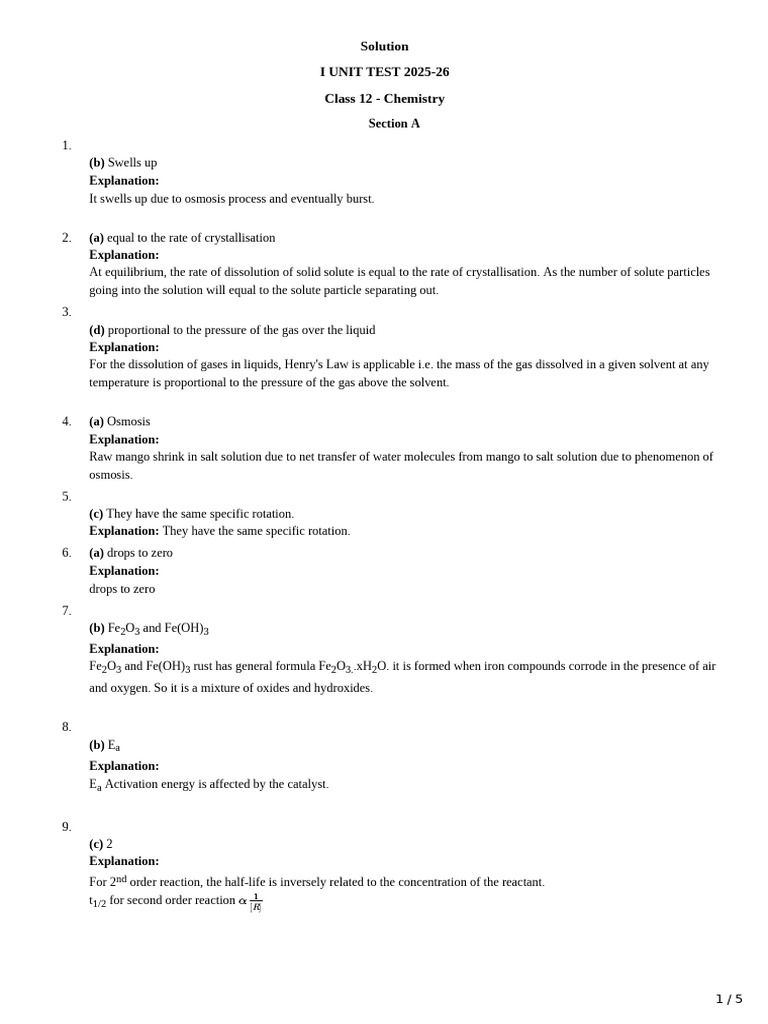 Class 12 Chemistry Unit Test Solutions | PDF | Mole (Unit) | Gases