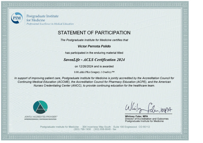 ACLS Certification Participation Statement | PDF