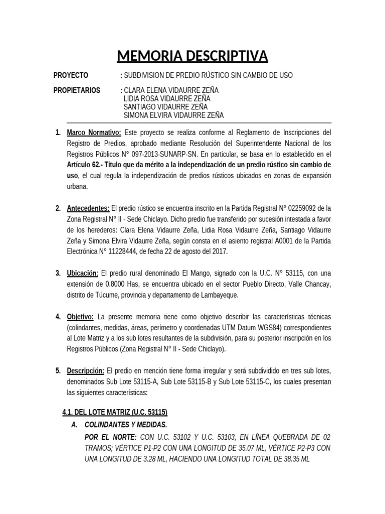 Sub Division Predio Rural Vidaurre Zeña Uc 53115 | PDF