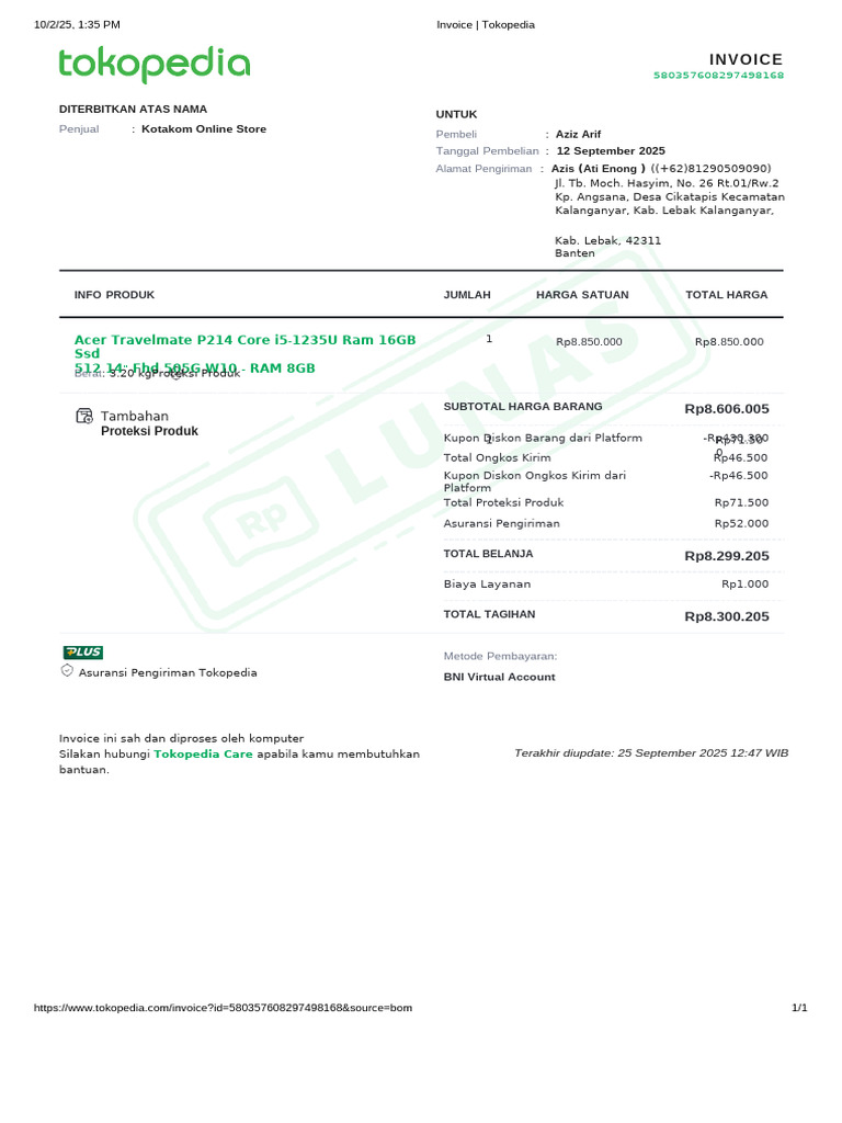 Invoice Pembelian Acer Travelmate P214 | PDF