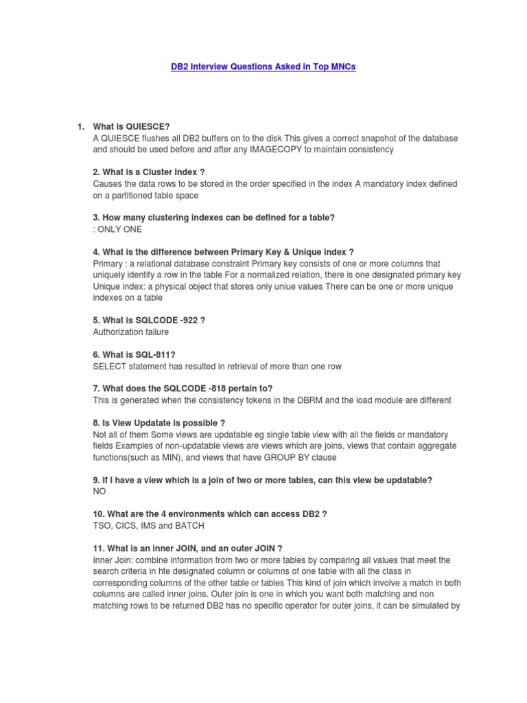 DB2 Interview Questions Asked in Top MNCs | PDF | Database Index | Ibm Db2