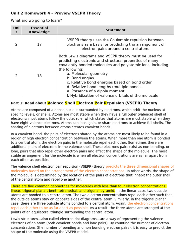 VSEPR Theory Due 10-3-25 | PDF | Chemical Bond | Molecules