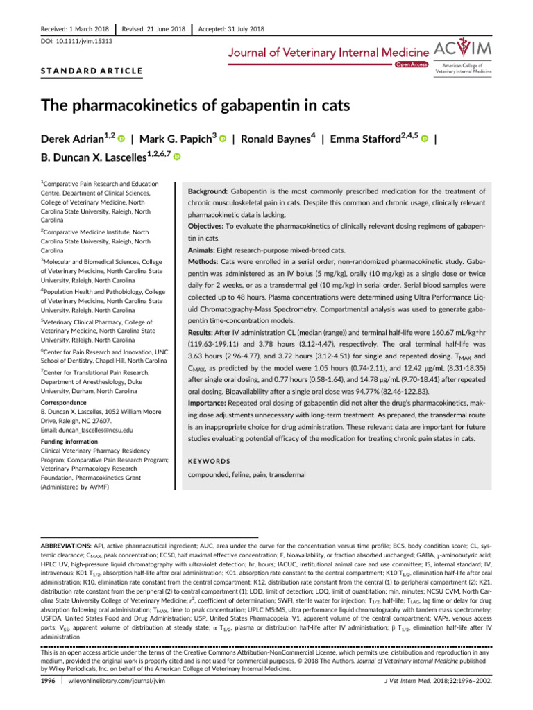 Gabapentin Half-Life in Cats | PDF | Pharmacokinetics | Bioavailability