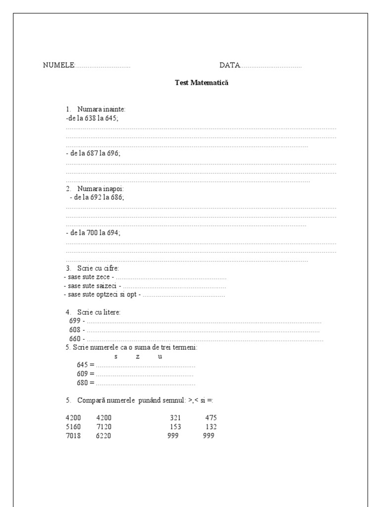 Test Matematică: Numărare și Comparare Numere | PDF | Business