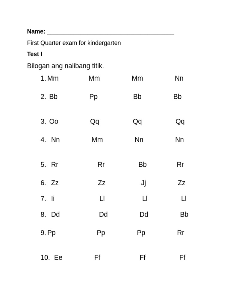Kindergarten First Quarter Exam Guide | PDF
