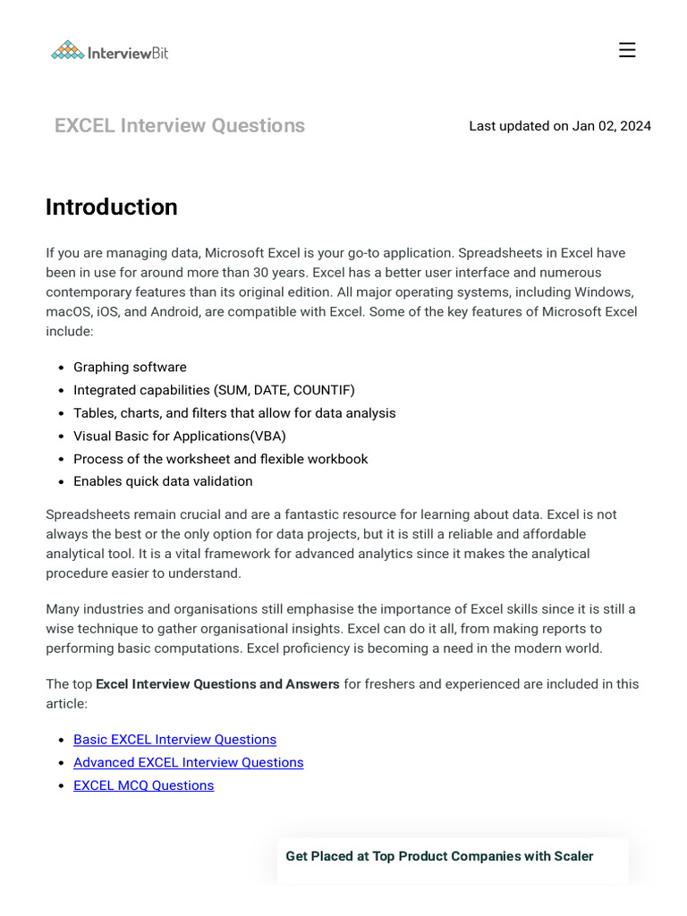 Top EXCEL Interview Questions & Answers (2024) - InterviewBit | PDF | Microsoft Excel | Spreadsheet