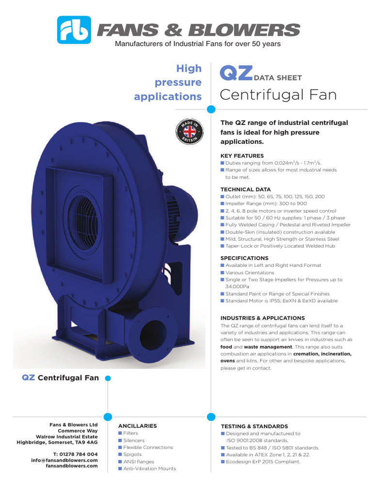 QZ Centrifugal Fan for High Pressure Use | PDF | Mechanical Engineering