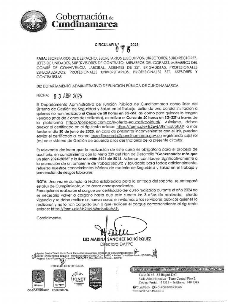Circular 016-2025 Curso 50 Horas en Sg-sst | PDF