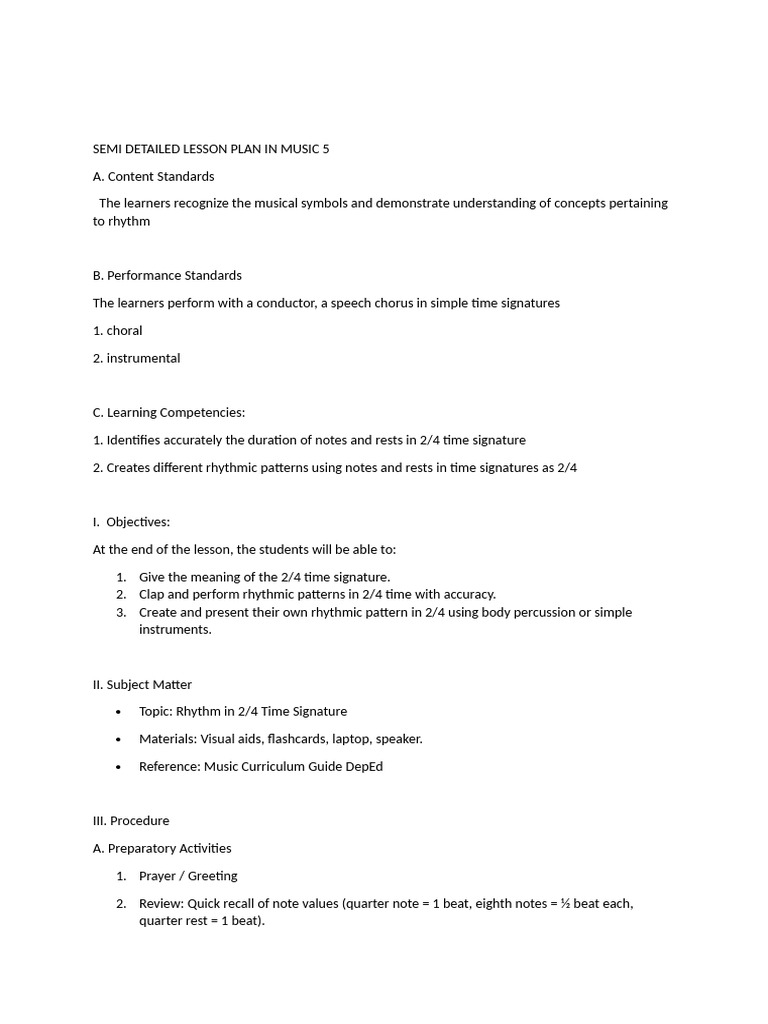 Semi Detailed Lesson Plan in Music 4 | PDF | Rhythm | Lesson Plan