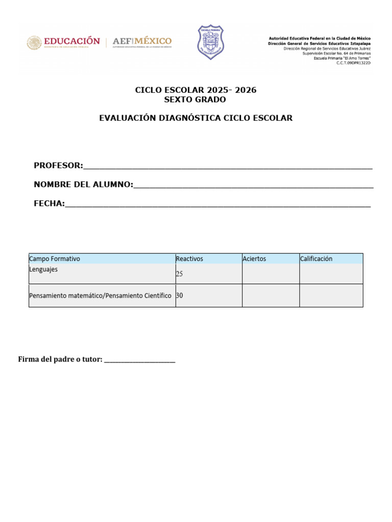 Diagnostico Sexto Grado 2025 - VESPERTINO | PDF | Kilogramo