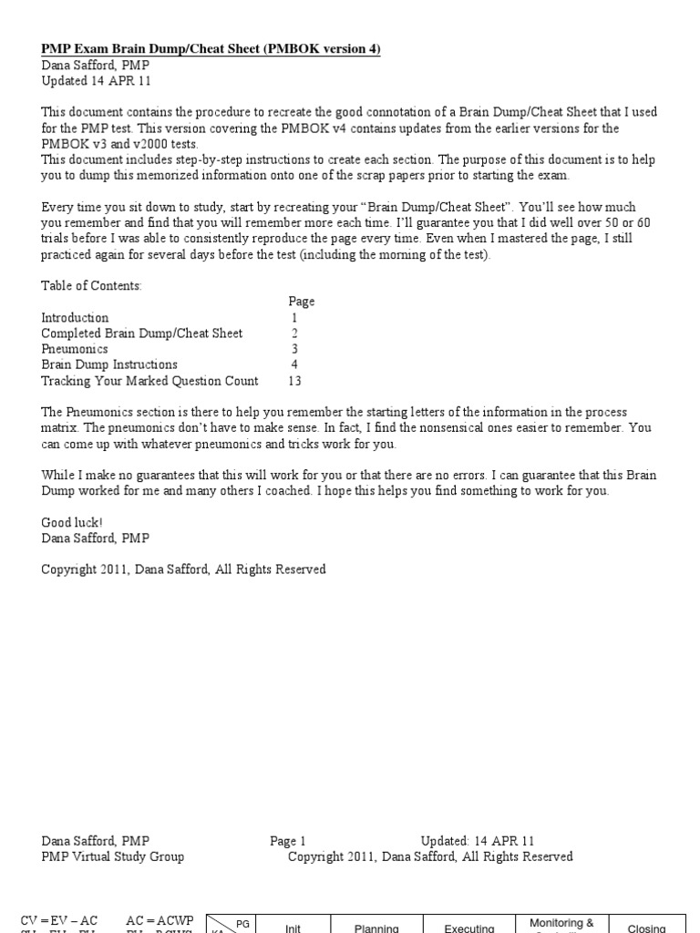 PMP Exam Brain Dump Sheet - PM Lessons Learned Group | PDF | Motivation ...