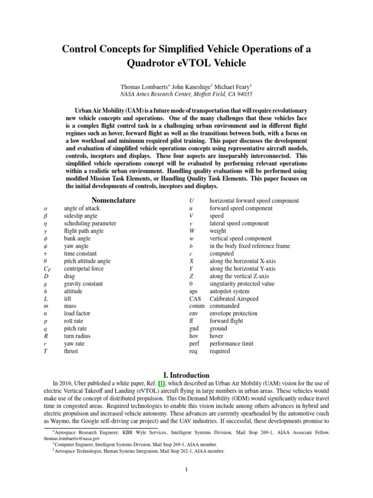 Control Concepts For Simplified Vehicle Operations of A Quadrotor EVTOL ...