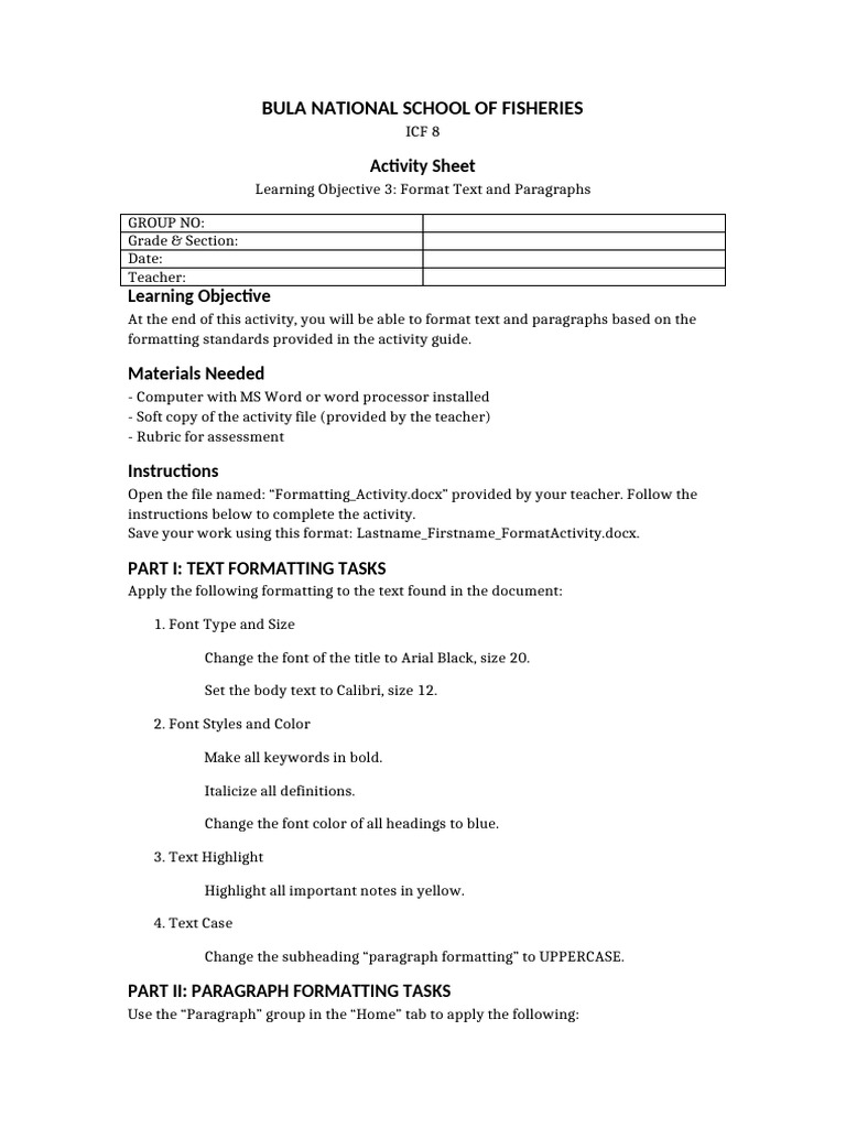 LO3 Format Text and Paragraphs Activity Sheet | PDF | Paragraph | Typefaces