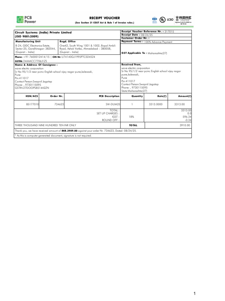 GST Receipt Voucher for Wave Electric | PDF | Receipt | Business Documents
