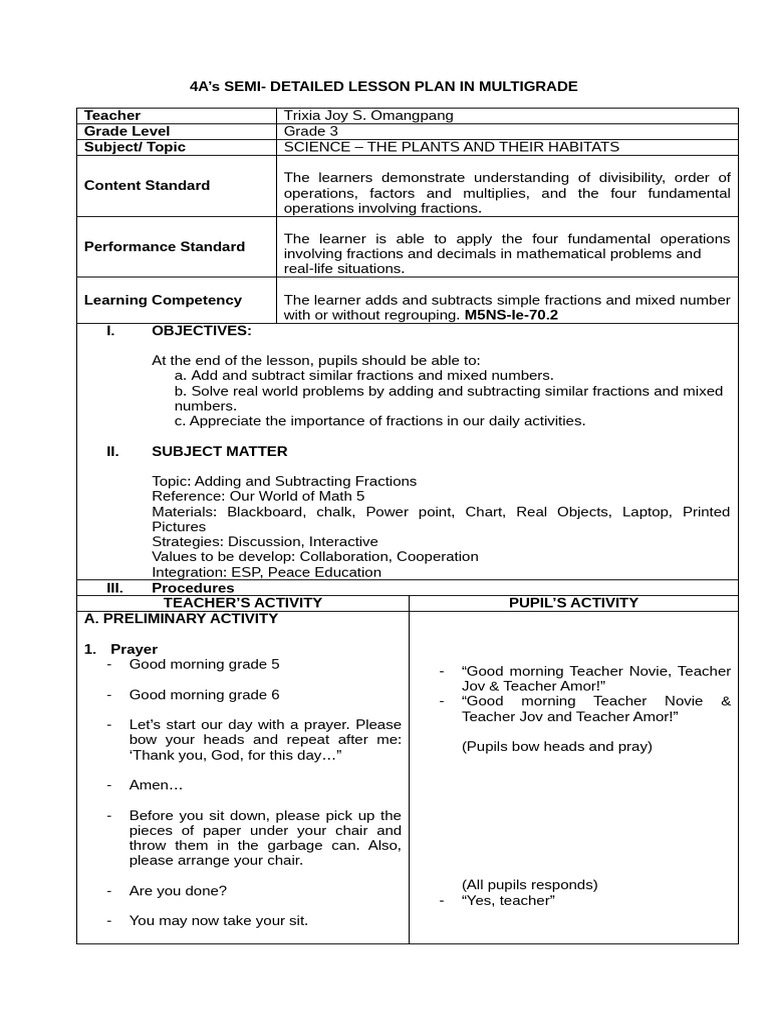 4As Lesson Plan in Multigrade 5 6 | PDF | Mathematics