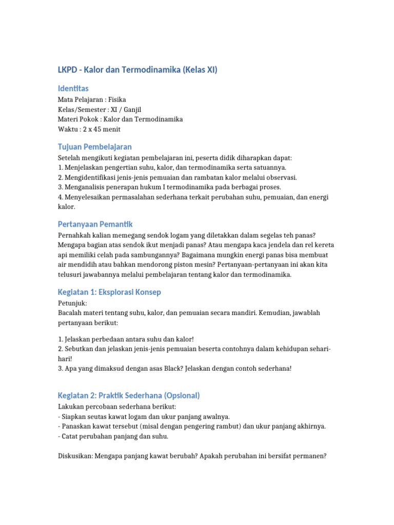 LKPD Kalor Dan Termodinamika Kelas 11 | PDF