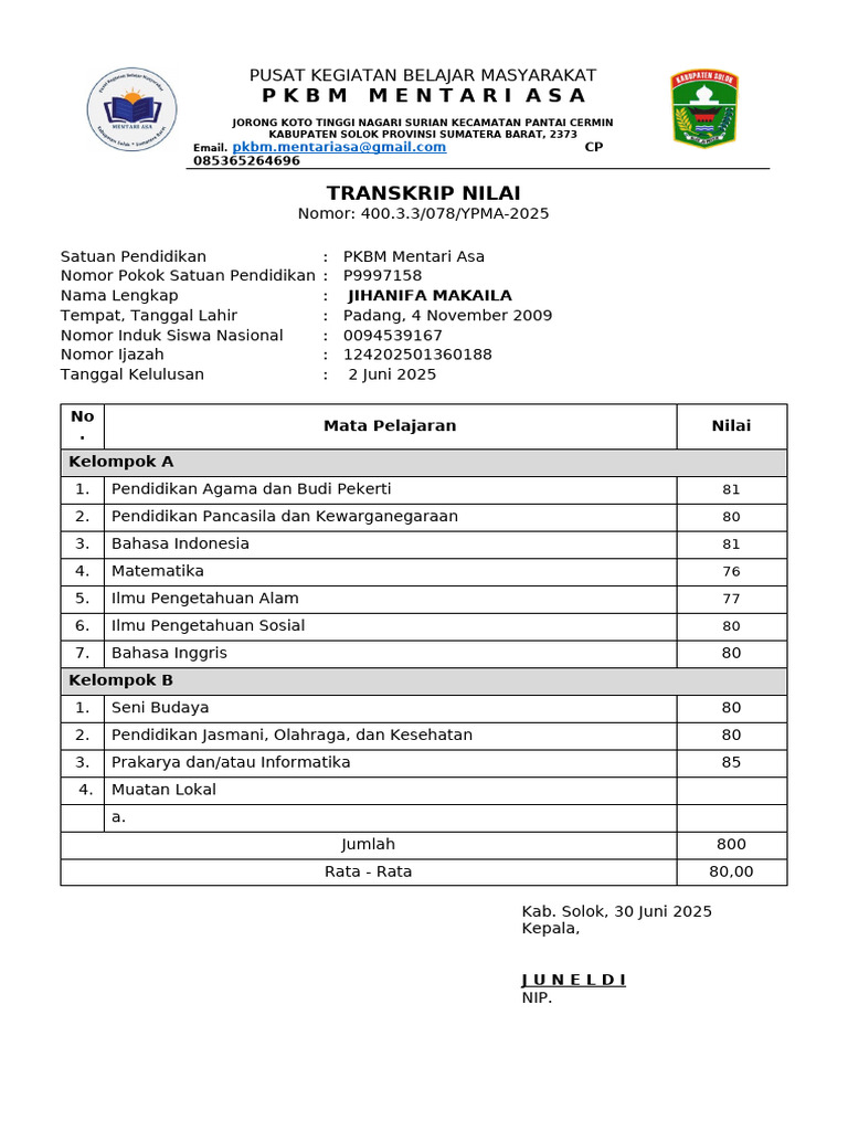 Contoh Format Transkrip Nilai 2025 Kur. 2013 - WWW - Kherysuryawan.id | PDF