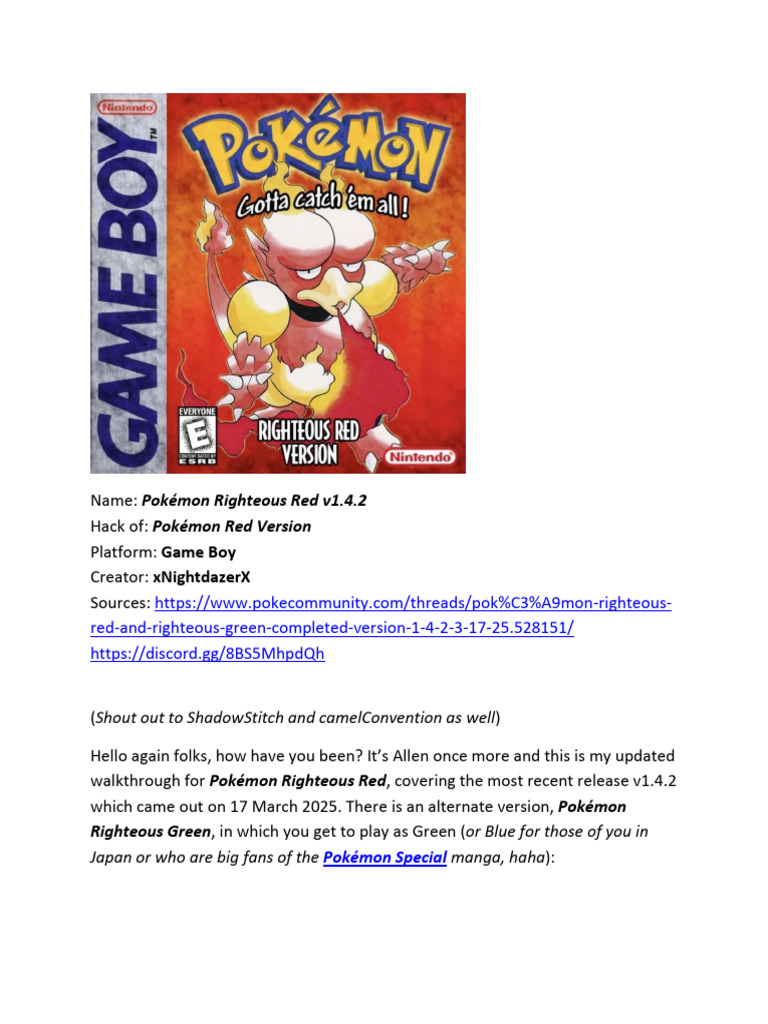 Pokemon Righteous Red v1.4.2 (17 March 2025 Update) Walkthrough | PDF ...
