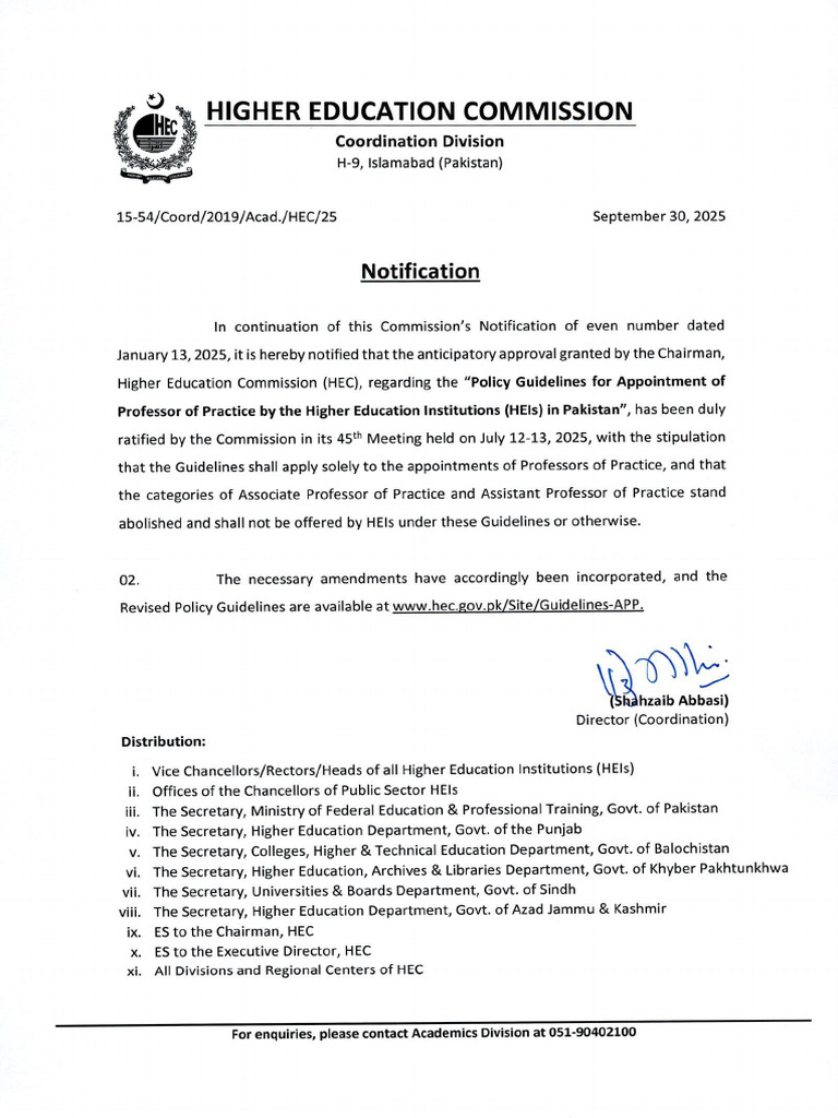 HEC-Notification Policy Guidelines For Appointment of Professor of ...