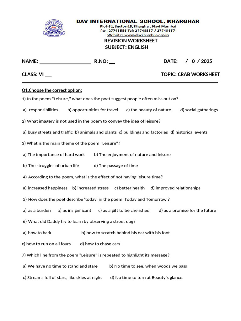 English Revision Worksheet for Class VI | PDF